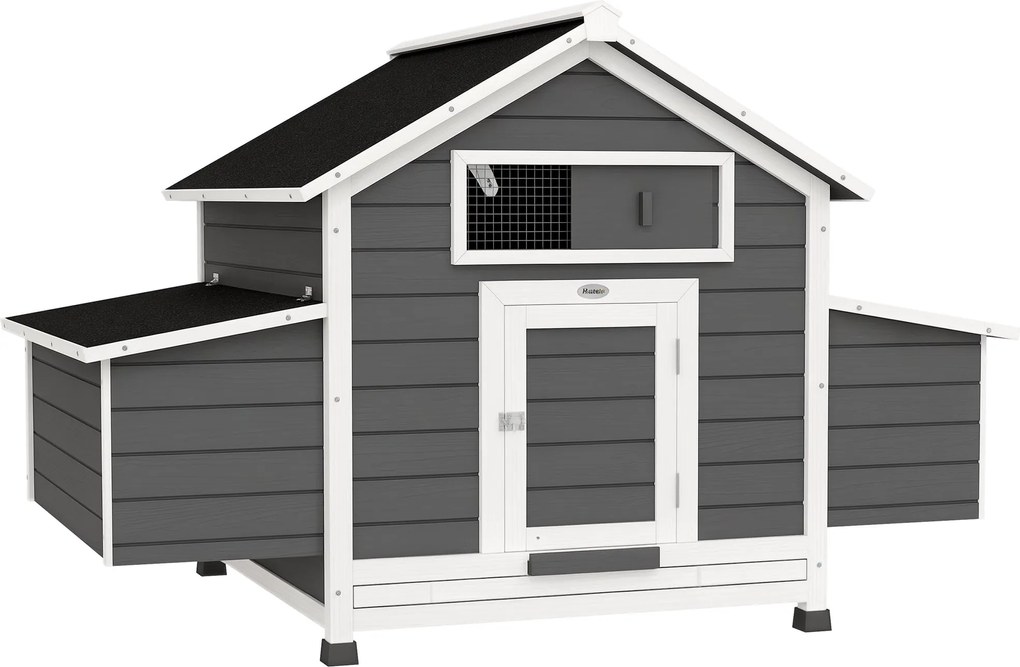 PawHut Dřevěný Venkovní Kurník pro 2-4 Slepice s 2 Hnízdícími Boxy, Vyjímatelným Táckem a Plocho Zvedací Střechou 150x100x96,5 cm Šedý a Bílý | Aosom
