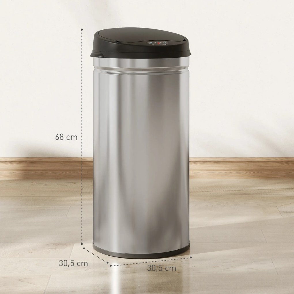HOMCOM 42l senzorem řízený odpadkový koš s funkcí Soft-Close, bezdotykový odpadkový koš z nerezové oceli pro hygienické kuchyně 851-048V00SR