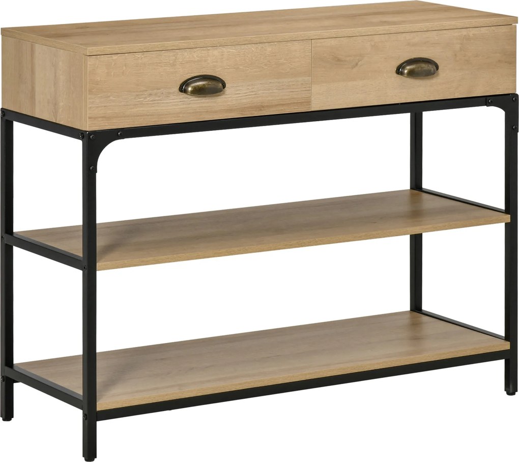 HOMCOM Konzolový stolek do předsíně s 2 šuplíky a 2 policemi z oceli, nábytek do chodby pro vstupní halu 100x35x79,2 cm Dub | Aosom