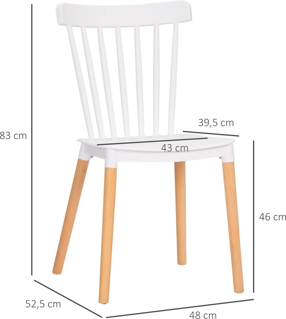 HOMCOM Sada 4 Nordic Stylu Jídelních Židlí s Vysokým Opěradlem Sedák z Polypropylenu a Nohy z Bukového Dřeva Nosnost 120 kg 48x52,5x83 cm Bílá