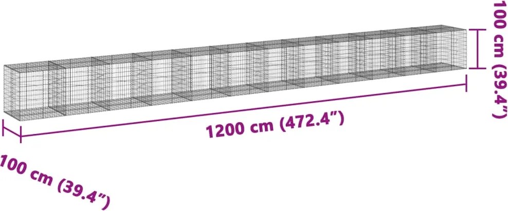 Gabionový koš s víkem 1 200 x 100 x 100 cm pozinkované železo 3295212
