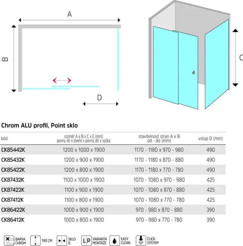 Mereo Mereo, Sprchový kout, Lima, obdélník, zasunovací dveře a pevný díl, L/P, chrom ALU, sklo Point, CK85442K