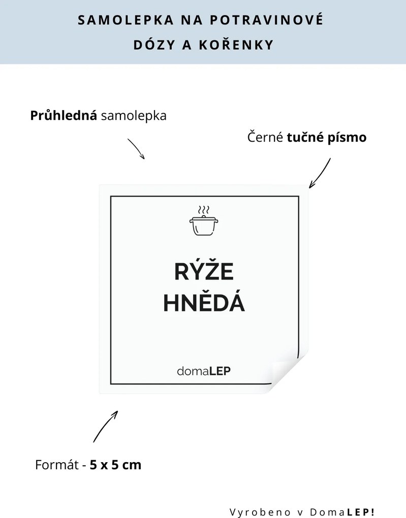 RÝŽE HNĚDÁ – průhledná samolepka na dózu, tučnépísmo, 5 x 5 cm | DomaLEP