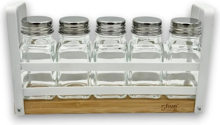 5Five® Sada 5ks hranatých kořenek v praktickém stojánku BALM, bílý kov, dřevo, 21,8 x 5,2 x 12,6 cm