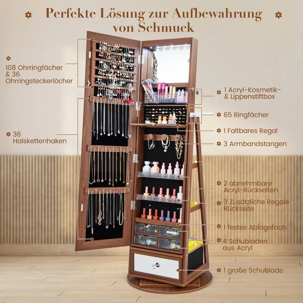 Costway Šperkovnice 360° otočná zrcadlová skříňka se zrcadlem po – 140 × 37 cm