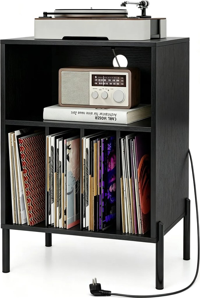Costway Stolek na gramofon s nabíjecí stanicí a přihrádkami, černý