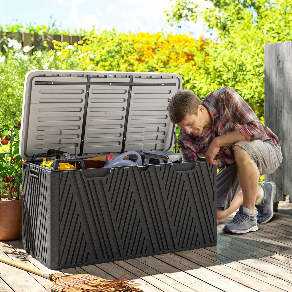Outsunny 380L zahradní úložná lavice s plynovým pístem a 2 bočními držadly, voděodolná HDPE zahradní úložná sedačka, UV ochrana, 115x60x60 cm, černá …