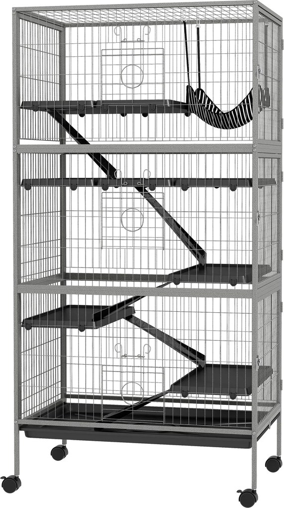 Pawhut Multifunkční klec pro hlodavce se 4 platformami, 3 rampami a 4 dvířky, rozměry 80L x 52W x 159H cm, šedá, stříbrná, černá, ocel