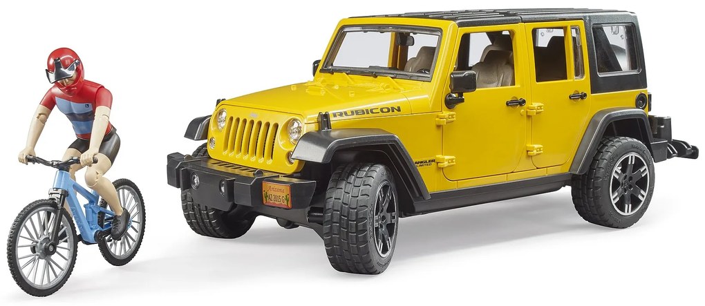 Bruder Jeep Wrangler Rubicon s cyklistou a kolem