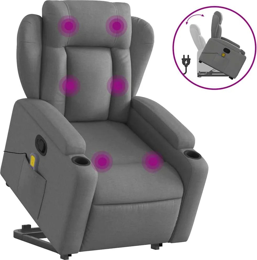 Zvedací masážní polohovací křeslo tmavě šedé textil 3204495