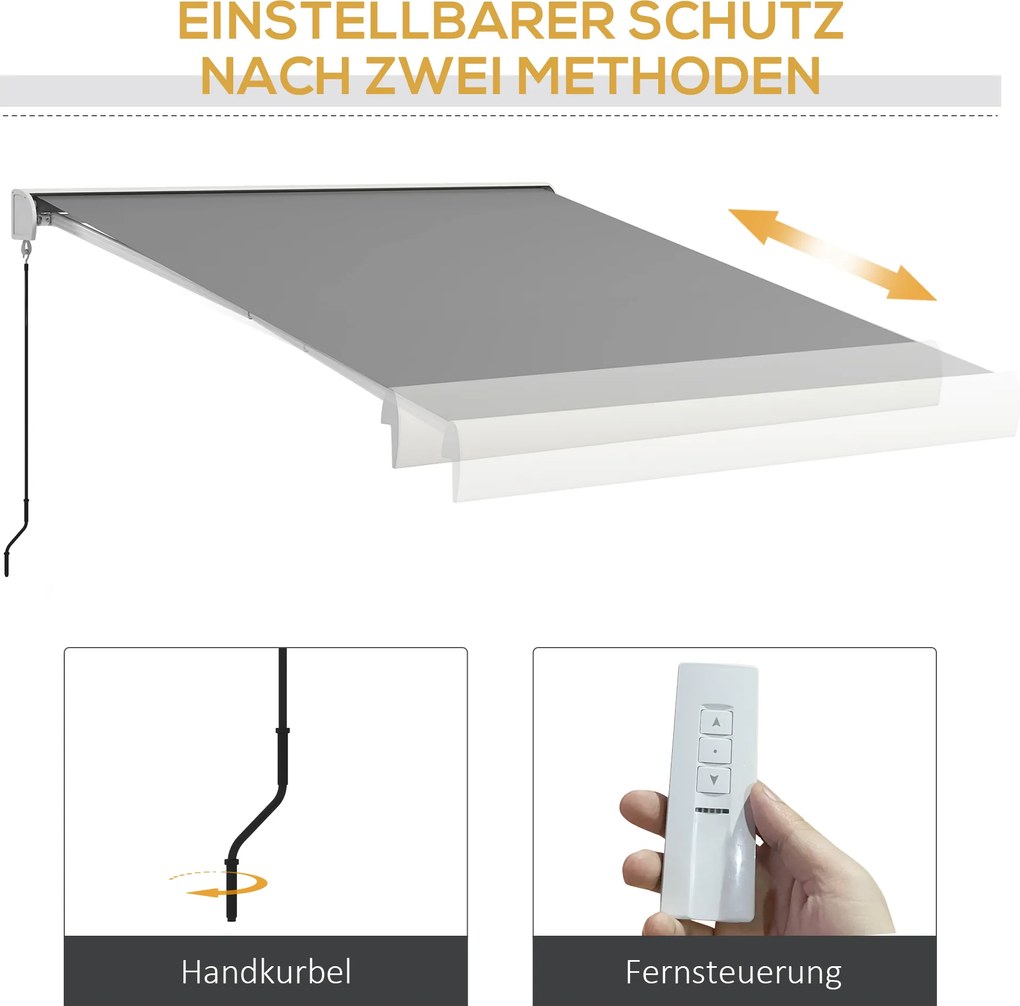 Markýza, elektricky/manuálně výsuvná, plná kazeta, dálkové ovládání, hliníkový rám, 3 x 2,5 m, světle šedá