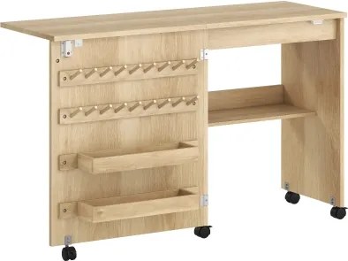 HOMCOM skládací šicí stůl, pojízdný šicí nábytek, magnetické stodole dveře, 2 vložky, úložný prostor, 18 držáků nití, přírodní dřevo