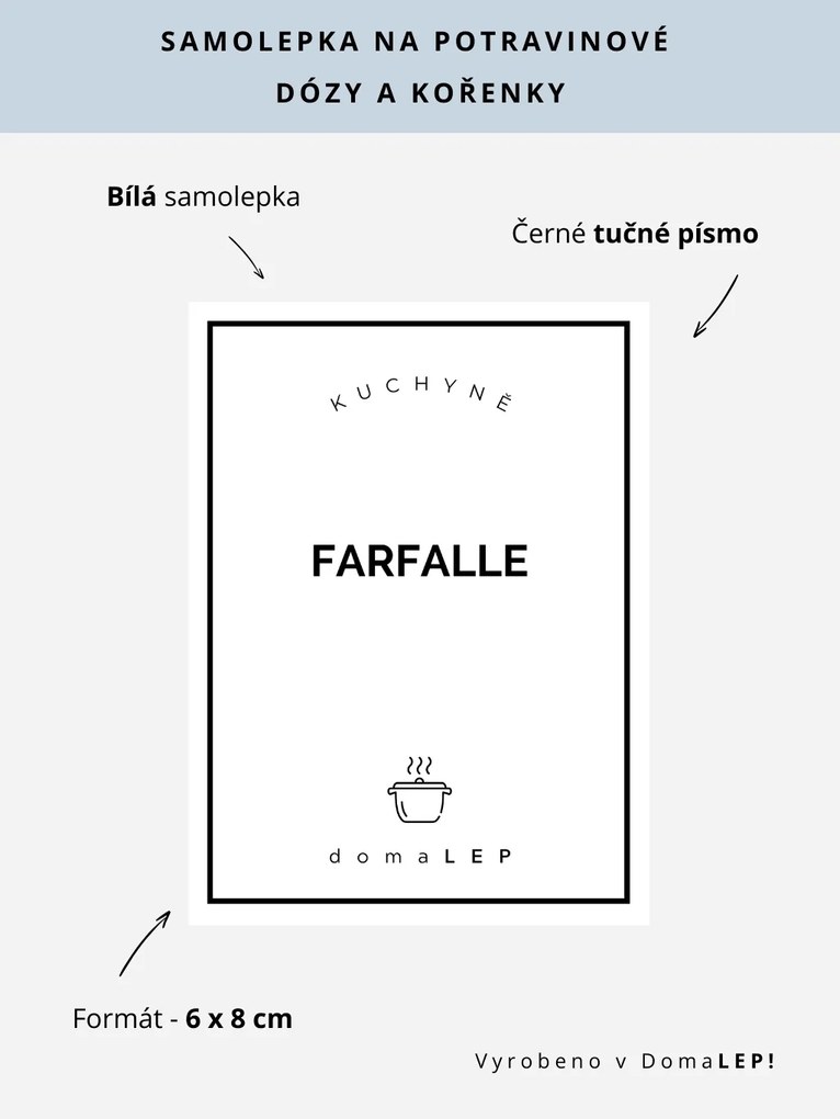 FARFALLE – bílá samolepka na dózu, tučné písmo, 6 x 8 cm | DomaLEP