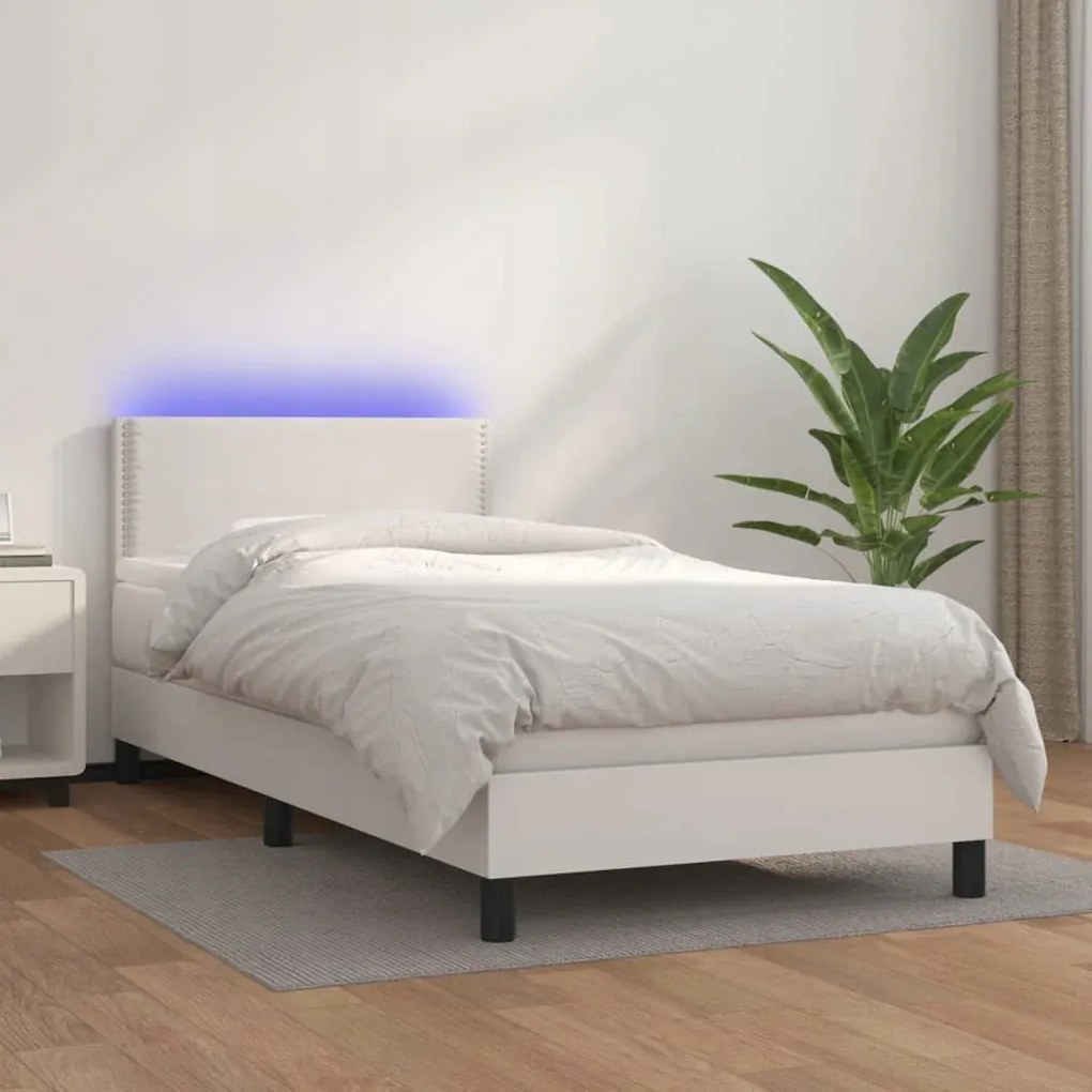 Box Spring Postel S Matrací A Led Umělá Kůže Bílá Hladké s hřebíky 90 x 1