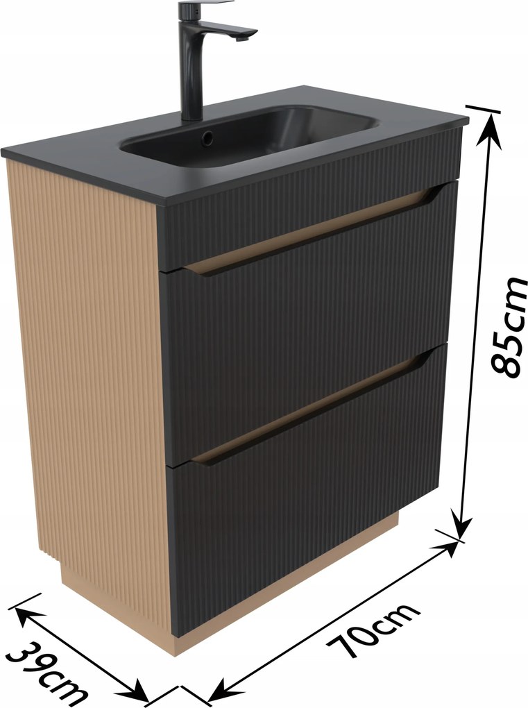 Ryflovaná umyvadlová skříňka 70 Černá/kašmír 2 zásuvky Omeble.