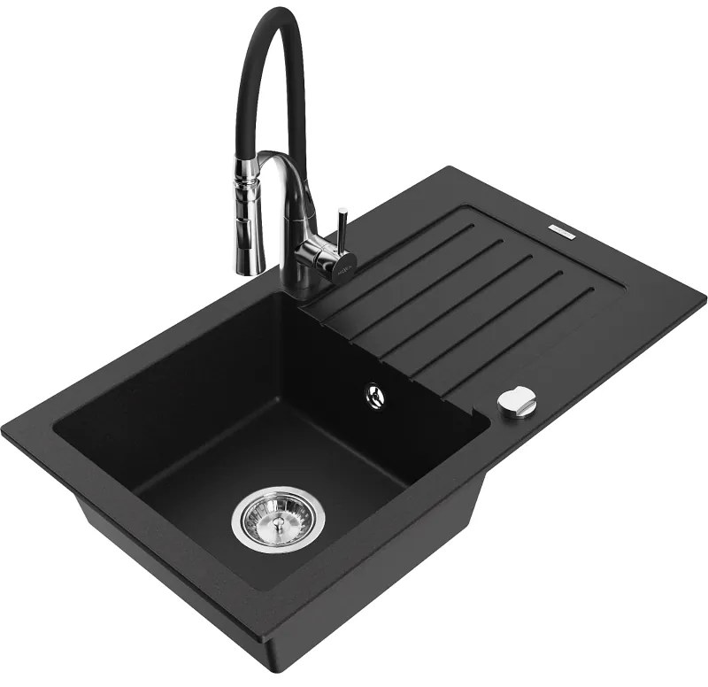 Mexen Pablo, 1-komorový granitový dřez 752x436x161 mm a dřezová baterie Aster, černá, 6510-77-73450-07