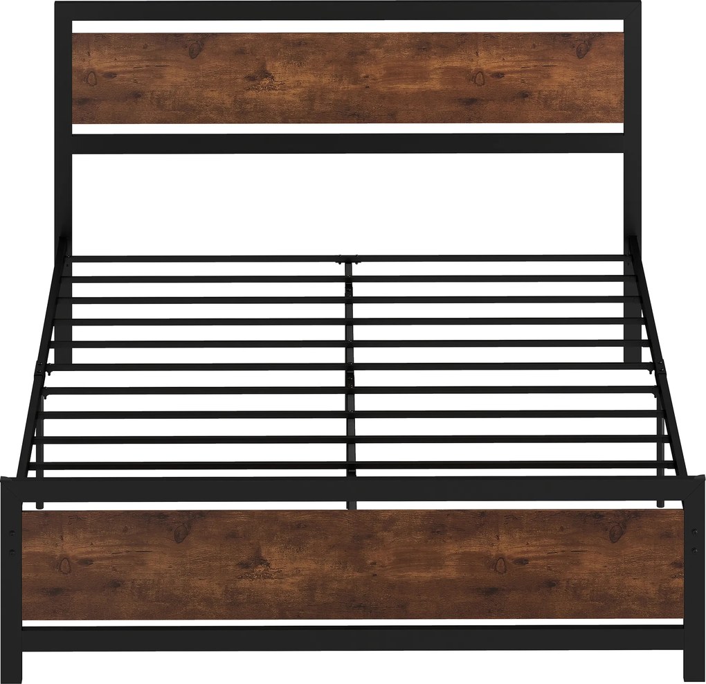 HOMCOM rám manželské postele 200 x 160 cm z oceli s roštem a čelem postele, kompatibilní s matrací tmavý dřevěný vzhled