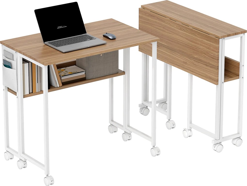 Skládací stůl HOMCOM s kolečky a policí - Kompaktní stůl s úložným prostorem pro notebook do malých prostor - 80x50x75 cm - Přírodní | Aosom
