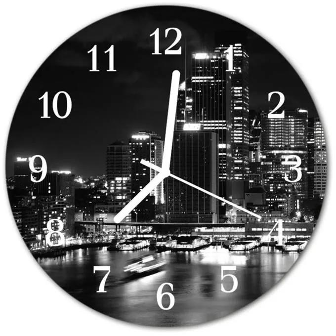 Nástěnné hodiny obrazové na skle - Město v noci