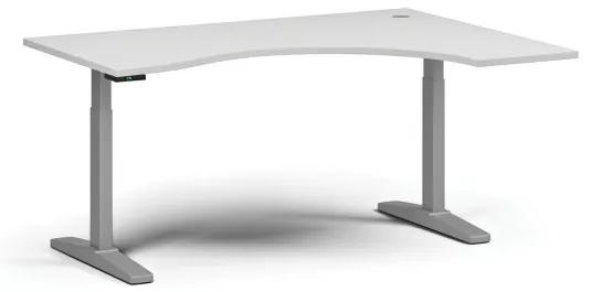 Výškově nastavitelný stůl, elektrický, 675-1325 mm, ergonomický pravý, deska 1600x1200 mm, šedá podnož, bílá