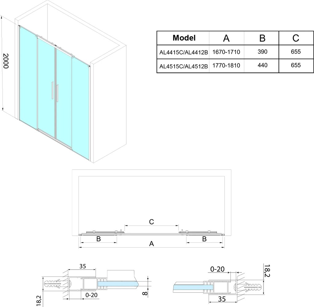 Polysan Polysan, ALTIS BLACK posuvné sprchové dveře 1770-1810mm, výška 2000mm, čiré sklo, AL4512B