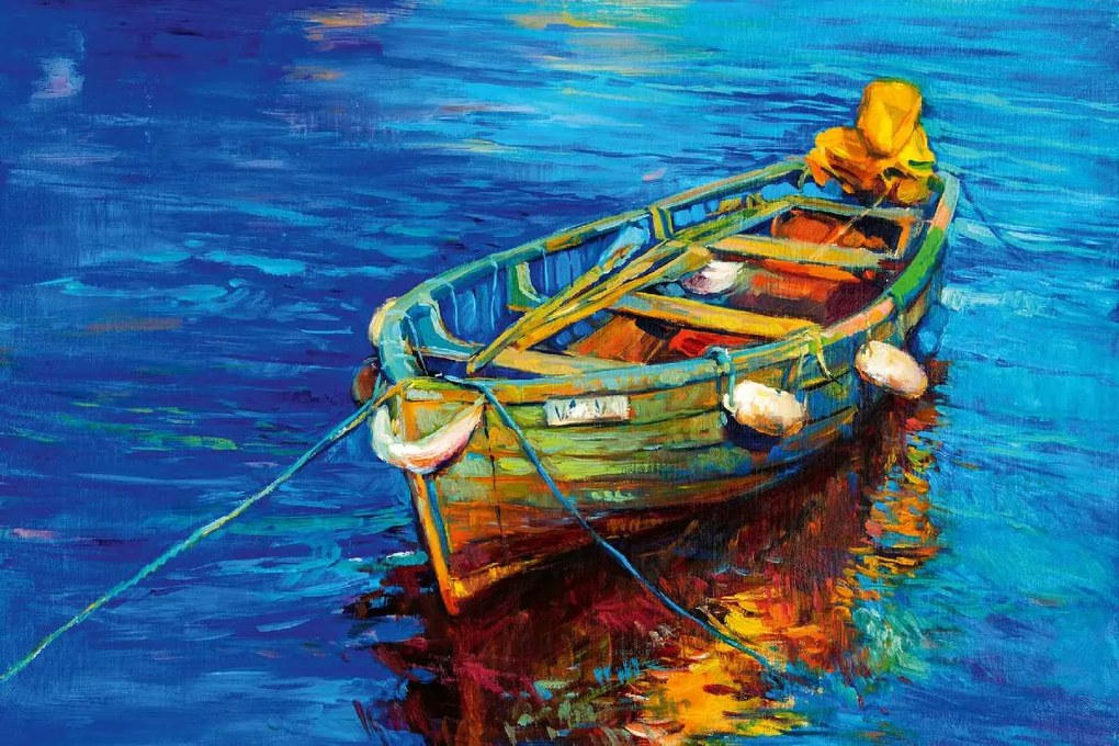 DIMEX | Samolepicí vliesová fototapeta na zeď Malba - Loďka na moři MA-5-2036 | 375 x 250 cm | zelená, modrá, oranžová