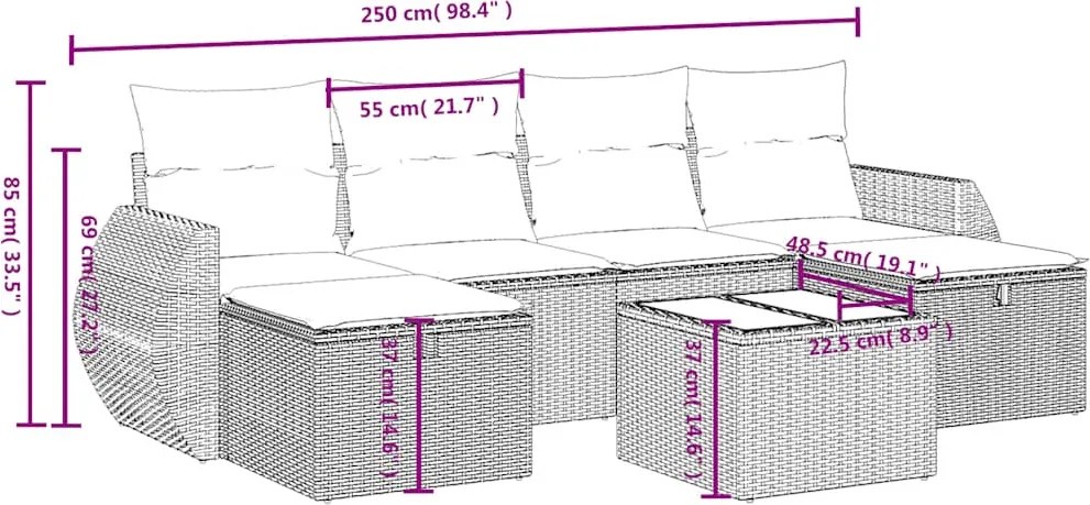 6dílná zahradní sedací souprava s poduškami černá polyratan 3264161