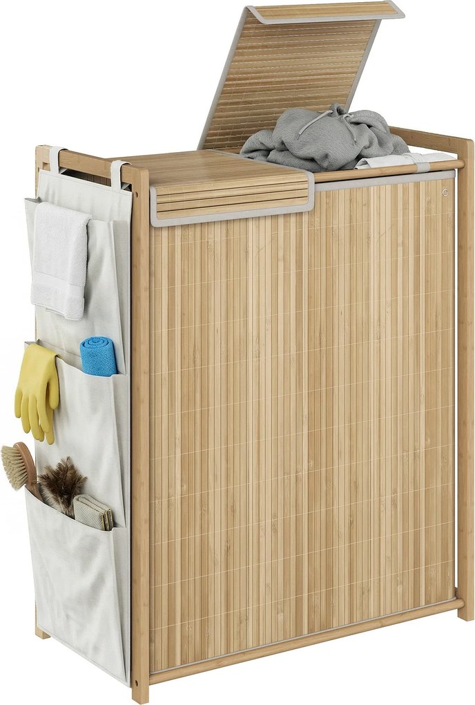 HOMCOM bambusový koš na prádlo 120 l s víkem, 2 přihrádky, snímatelné vaky, boční kapsy, 63 × 33 × 78 cm | Aosom