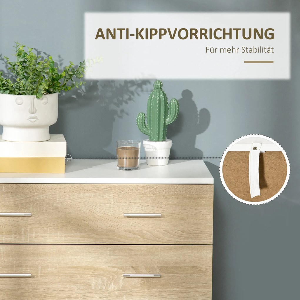 HOMCOM Komoda se 4 šuplíky - Moderní pomocný úložný kabinet do ložnice, chodby nebo obývacího pokoje, 76x35x72 cm, dub a bílá