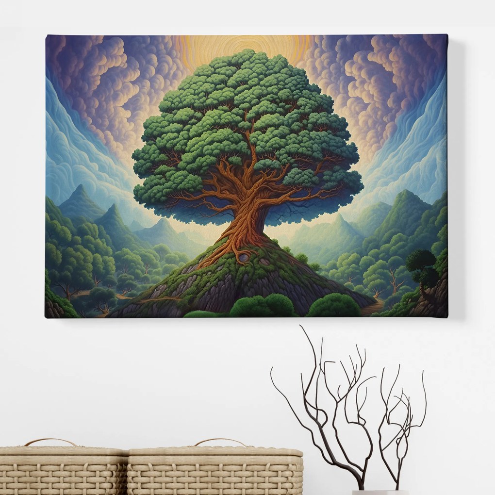 Obraz na plátně - Košatý Strom života s lesem a kopečky FeelHappy.cz Velikost obrazu: 120 x 80 cm