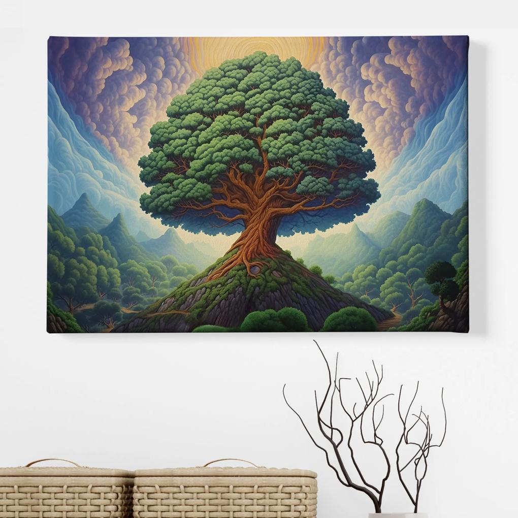Obraz na plátně - Košatý Strom života s lesem a kopečky FeelHappy.cz Velikost obrazu: 180 x 120 cm