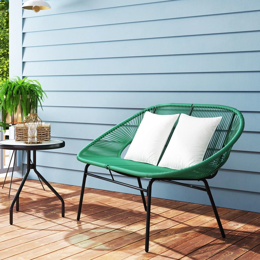 Outsunny zahradní lavička pro 2 osoby z oceli a syntetického lana s 2 polštářky - rozměry 132D x 72Š x 83V cm - tmavě zelená