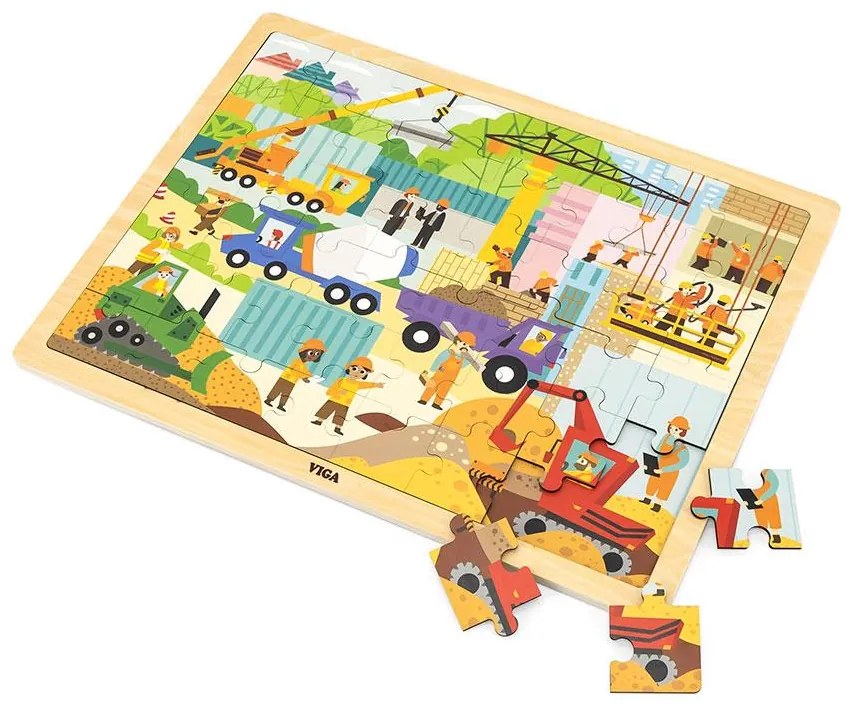 Dřevěné puzzle 48 dílků Viga Stavební stroje