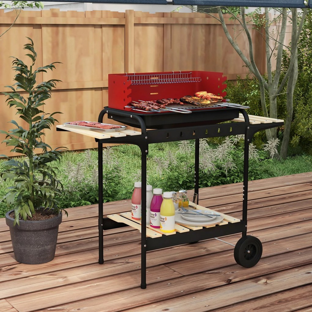 Outsunny Záhradní Kovový Uhlík Gril BBQ Smokery s Kolíky, Nastavitelný Grilovat Výšku, Dřevěná Police, Přenosný Grilový Vozík, BBQ pro Grilování a Ke…