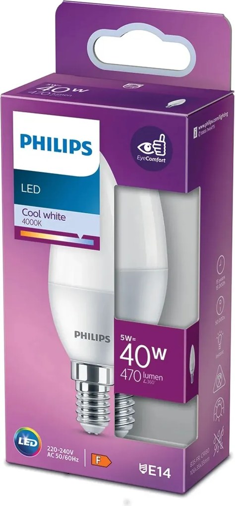 Philips Classic LED žárovka E14, 5 W, 470 lm, 4000 K, tvar svíčky