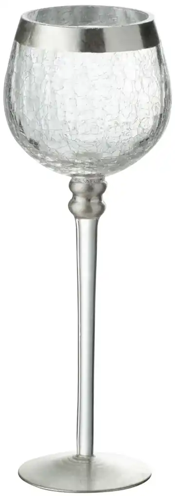 Středně velký skleněný transparentní svícen na nožičce na čajovou svíčku se  stříbrným zdobením - Ø 9*25 cm | BIANO