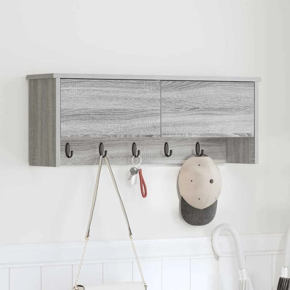 věšák, nástěnný, s dvířky, háčky, kompozitní dřevo, 30x80x20 cm, šedá sonoma, Dekorino TK20260024