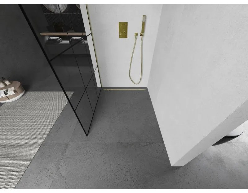 Mexen Kioto L, sprchová zástěna Walk-In 100 x 200 cm, 8mm čiré sklo černý vzor, zlatý matný profil, 800-100-103-55-77