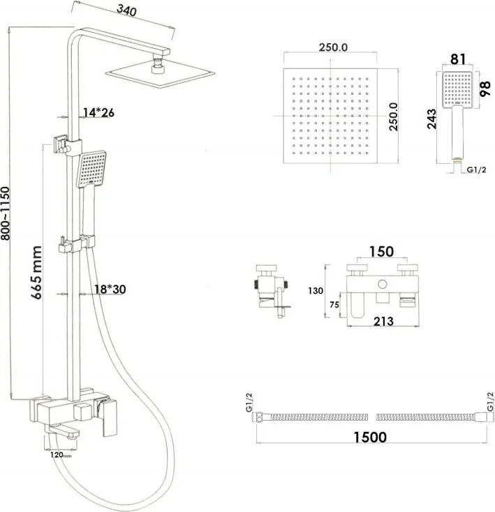 Erga Cube, sprchová souprava s pákovou baterií, vanovou výlevkou a dešťovou hlavicí 25x25cm, chromová, ERG-YKA-BP.CUBE-25-CHR