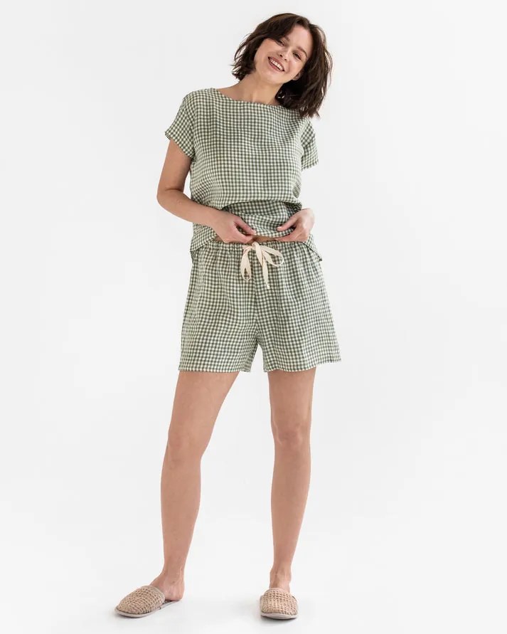 Magic Linen Lněný pyžamový set Luni in Forest green gingham Velikost: S