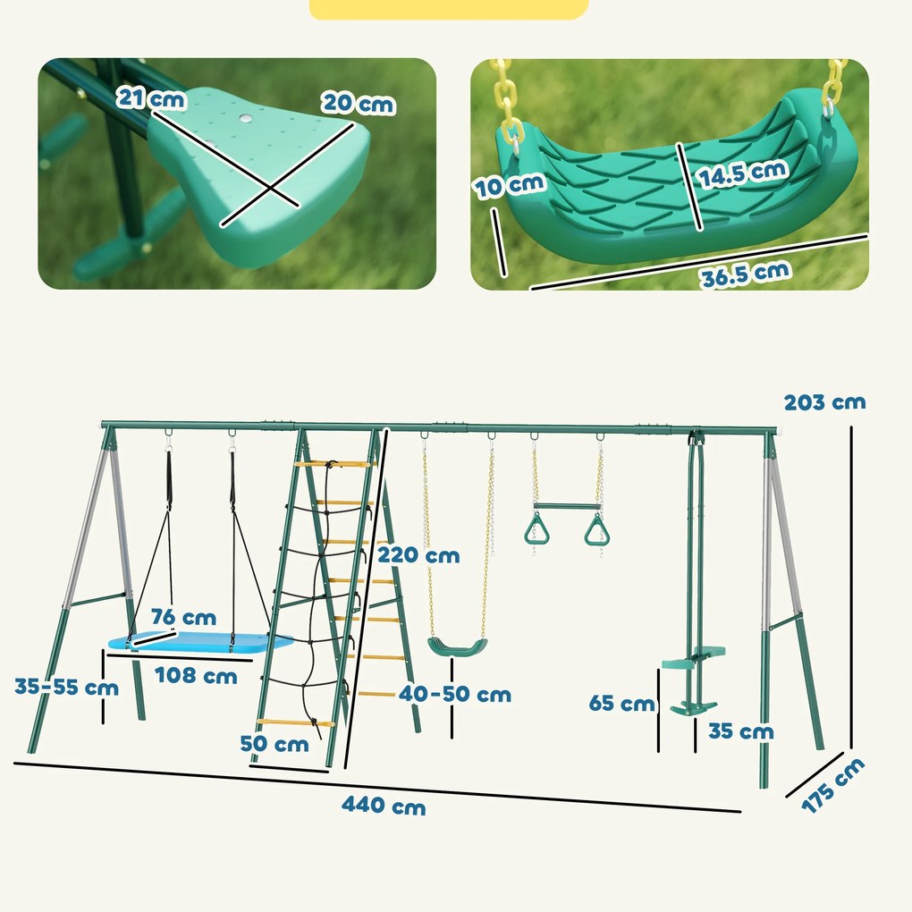 houpací rám 5 v 1 s nastavitelným hnízdem Gymnastické kruhy Dvoumístná prolézačka pro 3-8 let 440x175x203 cm