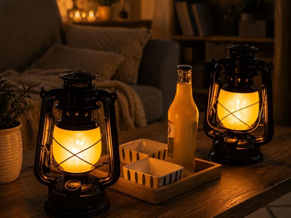 Verk Group Retro led lampion pro turisty a kempování, dekorativní, s usb nabíjením a efektem plamenů