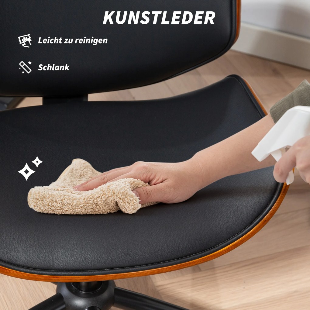 HOMCOM mid-century kancelářská židle bez područek — ergonomická, výškově nastavitelná, 360° otočná, PU, černá/ořech