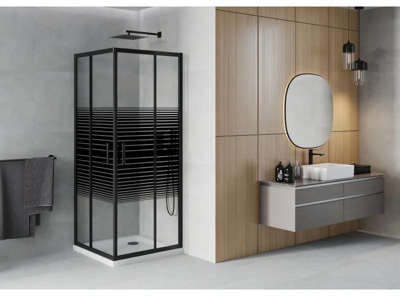 Mexen Rio, čtvercový sprchový kout 80(dveře)x80(dveře)x190 cm, 5mm čiré sklo-vzor pásky, černý profil + bílá sprchová vanička SLIM, 860-080-080-70-20-4010B