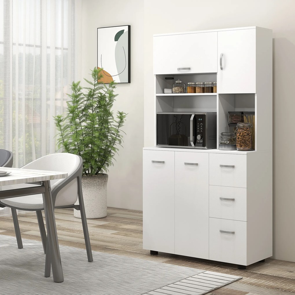 HOMCOM Vysoká Skříň do Kuchyně s 3 Otevřenými Přihrádkami, 4 Dveřmi a 3 Zásuvkami, Kuchyňský Skříňový Kabinet s Nastavitelnými Policemi, Bílá, 89 x 3…