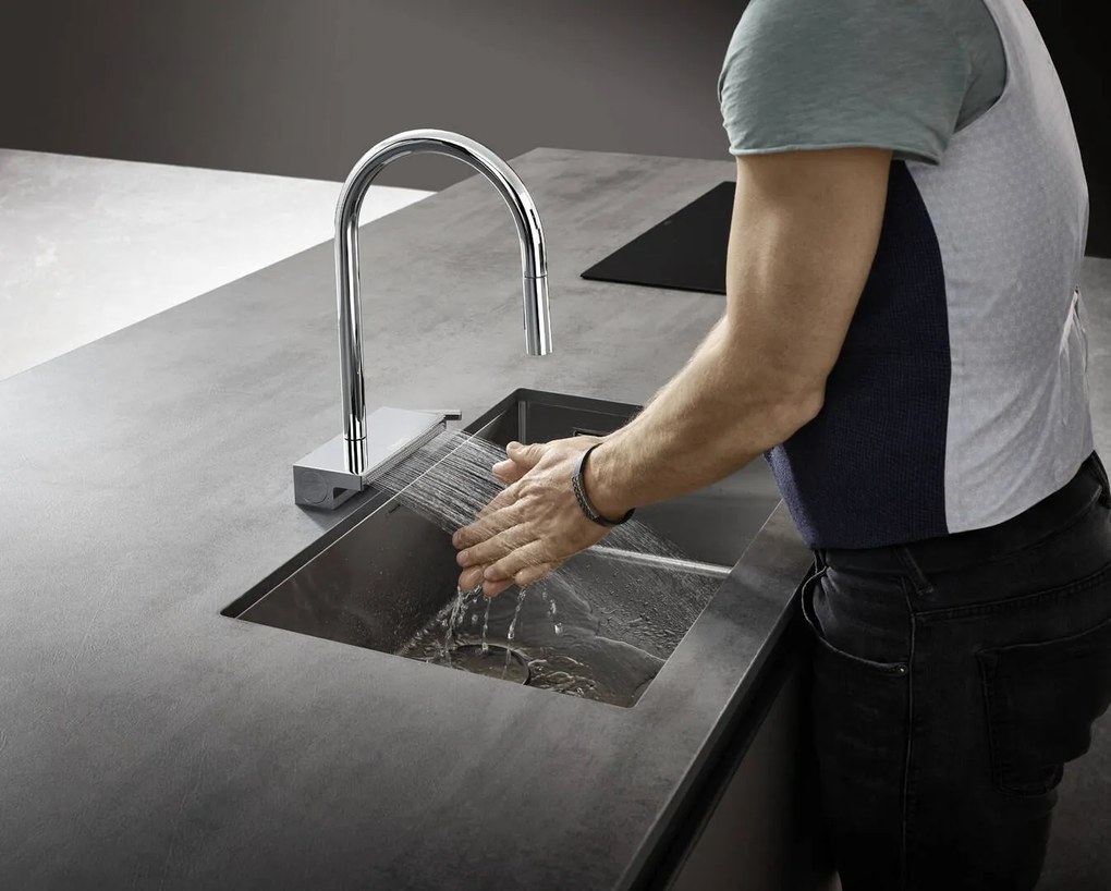 Hansgrohe M81, dřezová baterie Aquno Select s výsuvnou koncovkou a plochým sprchovým proudem, chromová, 73837000