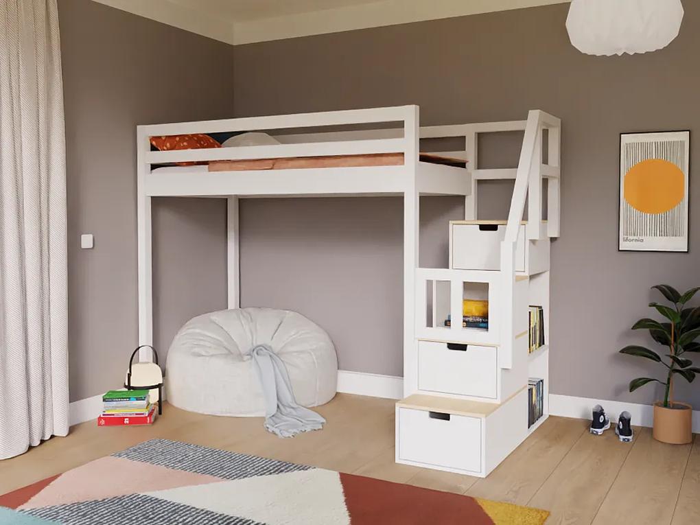 WoodPassion Zvýšená dřevěná postel PATRO s úložnými schody 90x200 cm Zvolte barvu: Bílá, Zvolte stranu: Vlevo