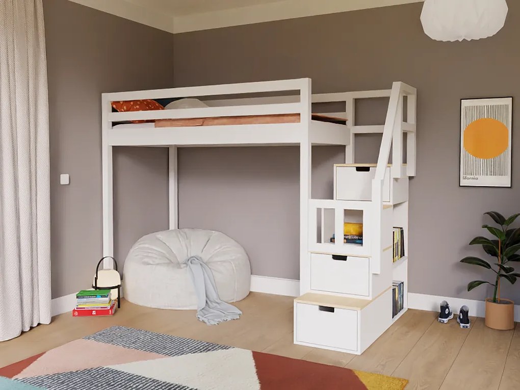 WoodPassion Zvýšená dřevěná postel PATRO s úložnými schody 90x200 cm Zvolte barvu: Přírodní, Zvolte stranu: Vpravo