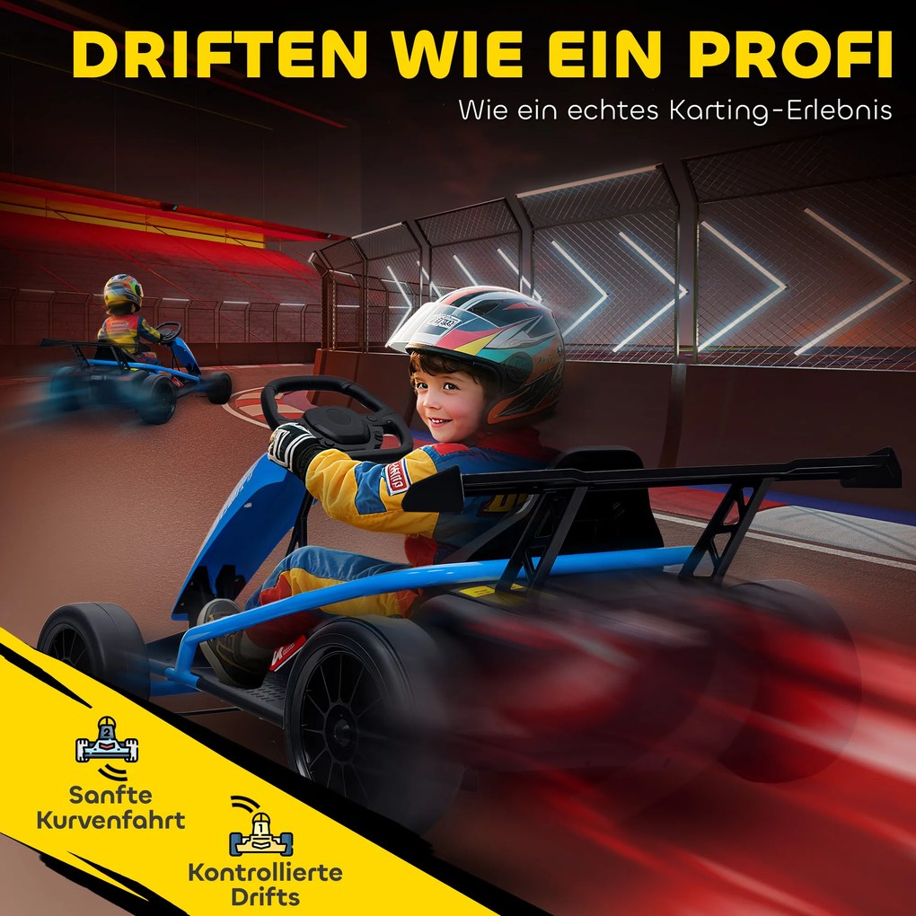AIYAPLAY 24V elektrické Go-Kart k jízdě a driftování, nylonové pneumatiky, bezpečnostní pás, klakson, hudba pro děti 8-12 let, modré