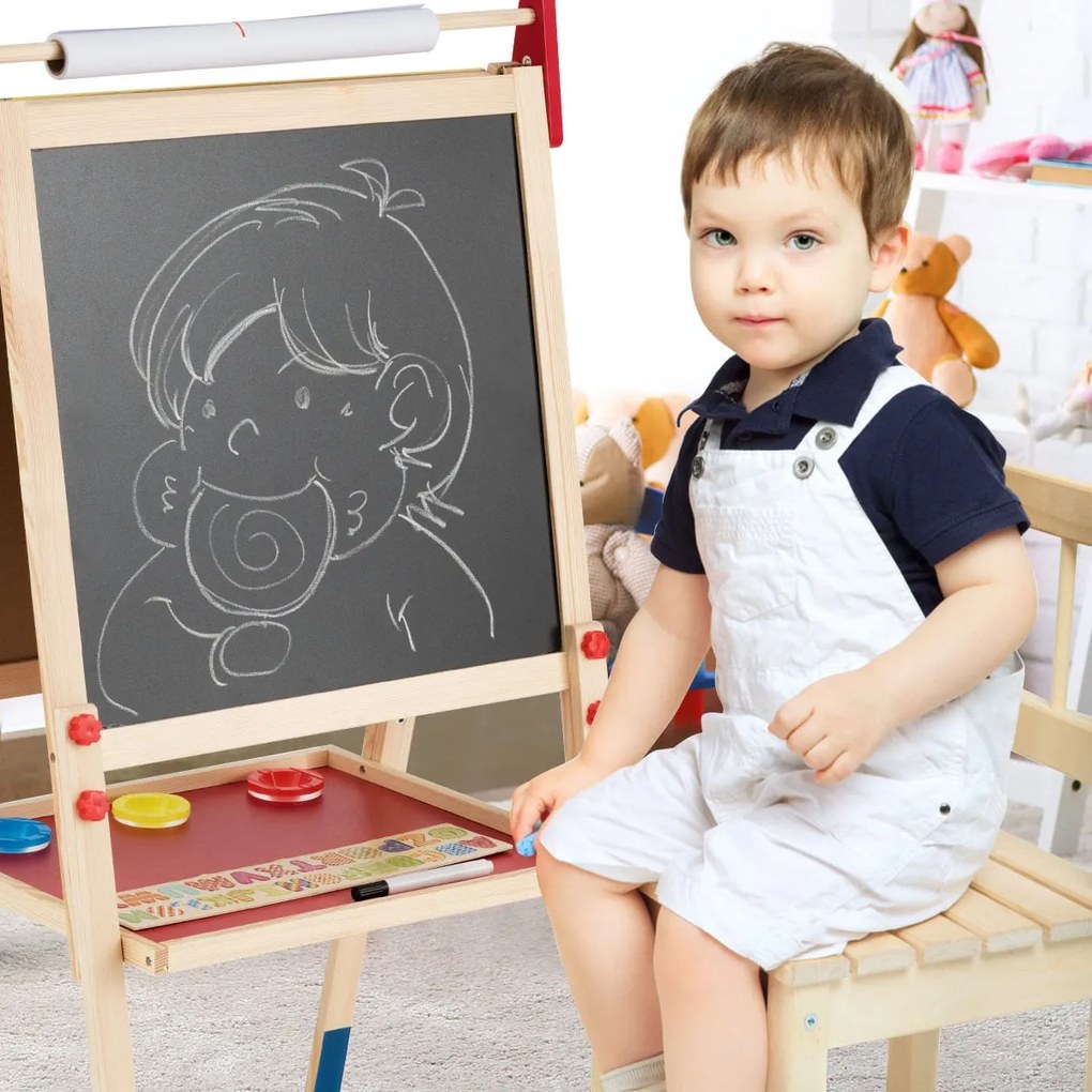 Costway Malířská tabule 3-in-1 pro děti Oboustranná stojací tabule s přírodní